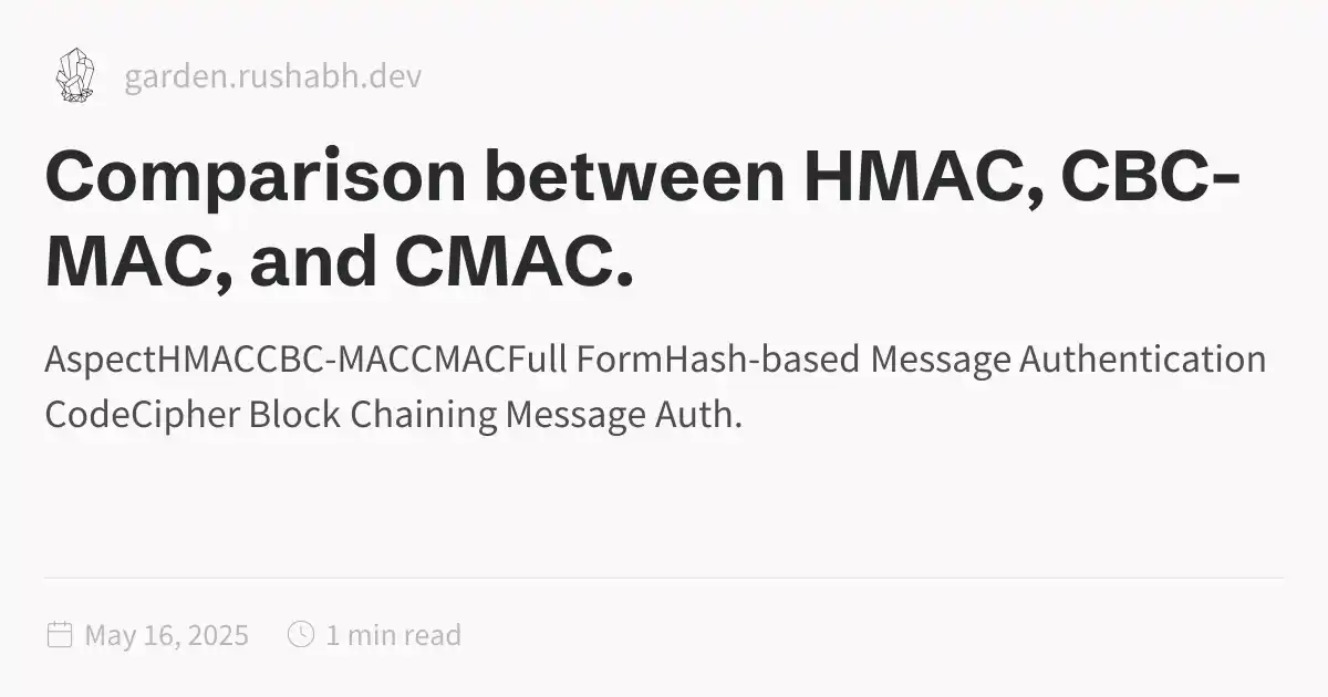 Comparison between HMAC, CBC-MAC, and CMAC.